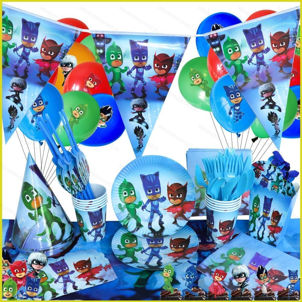 Sq3 หน้ากาก PJ ชุดตกแต่งบนโต๊ะอาหารแบบใช้แล้วทิ้งแบนเนอร์เค้ก Topper แผ่นฟาง Baby Birthday Party ...