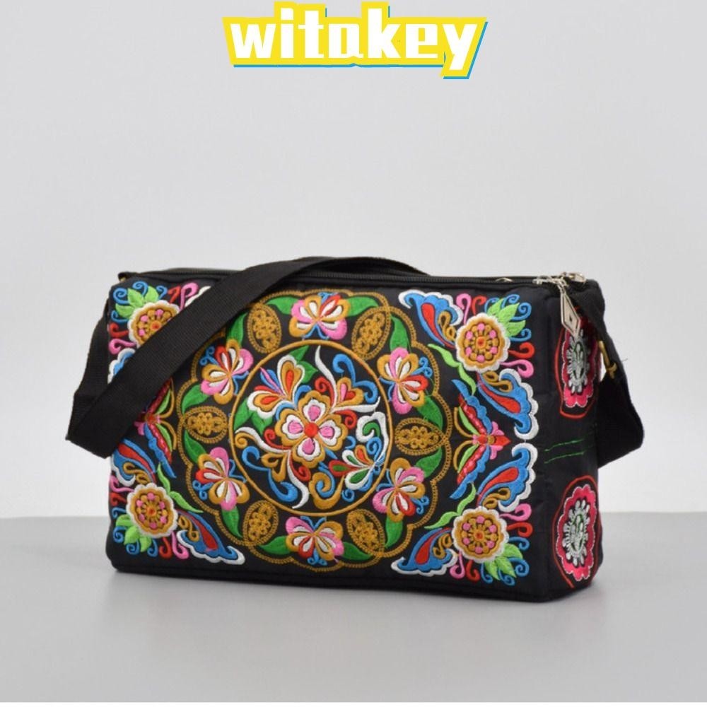 Witakey กระเป๋าสะพายครอสบอดี้,กระเป๋าเย็บปักถักร้อยสไตล์ชาติพันธุ์สองด้าน,แฟชั่นผู้หญิงผ้าใบสาม ...