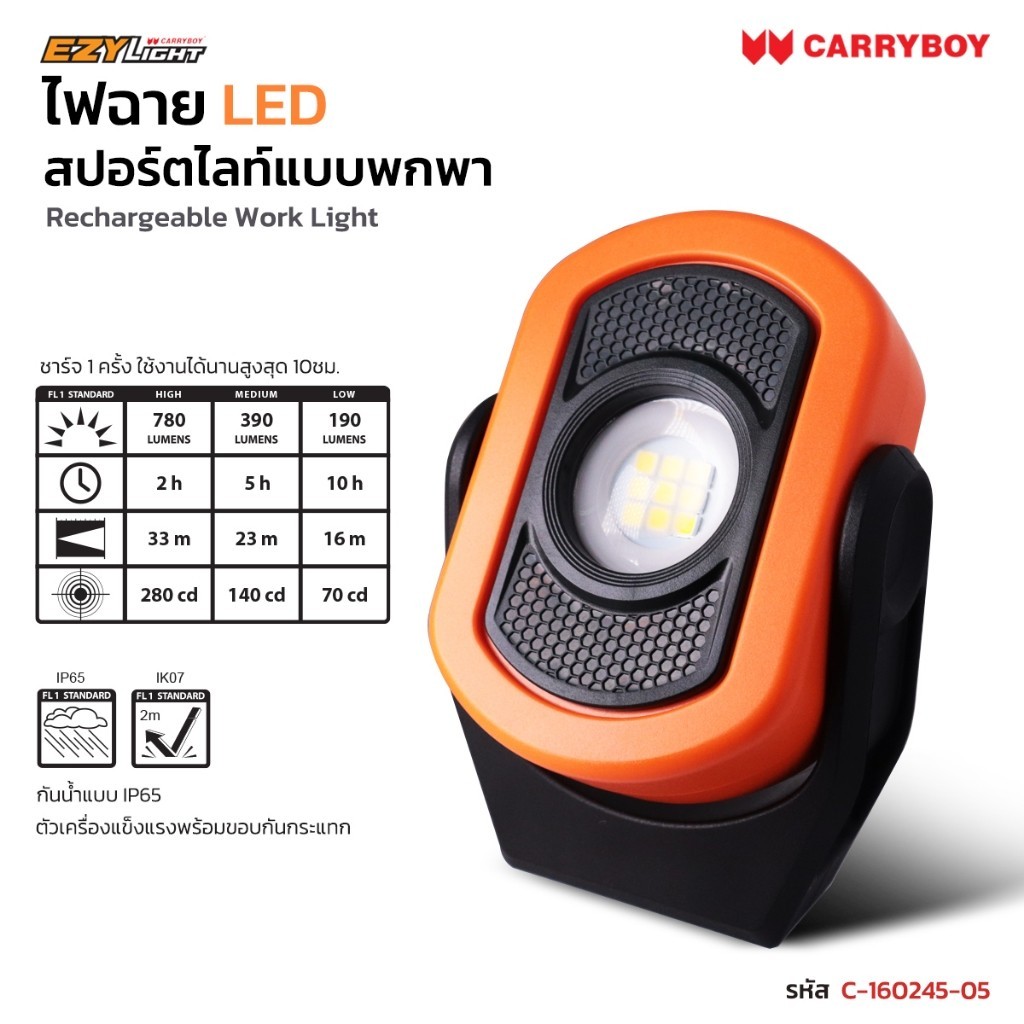 EZY Light ไฟฉาย&สปอตไลท์เอนกประสงค์ แบบพกพา Carryboy ประสิทธิภาพสูง โหมดแสง 3 โหมดสำหรับการส่อง ...