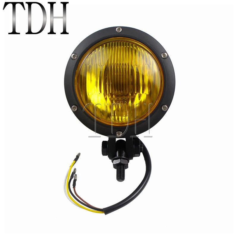 TD Black Motorcycle Universal Retro Headlight Amber Lens 12V H4 4.5 ...