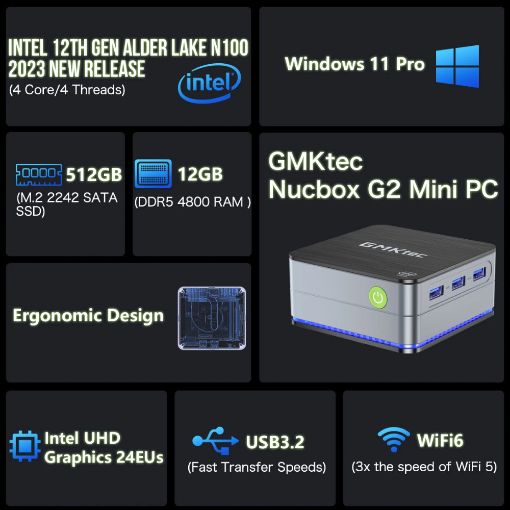GMKtec G2 Mini PC Windows 11 Pro Intel 12th Gen Alder Lake N100 Mini PC ...