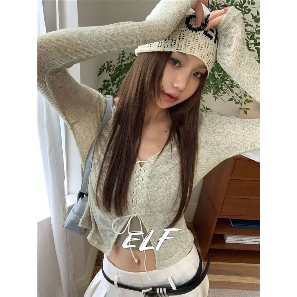 เสื้อคาร์ดิแกนถัก Niche Design Rend-Up V คอผู้หญิงฤดูใบไม้ผลิ Slim ...