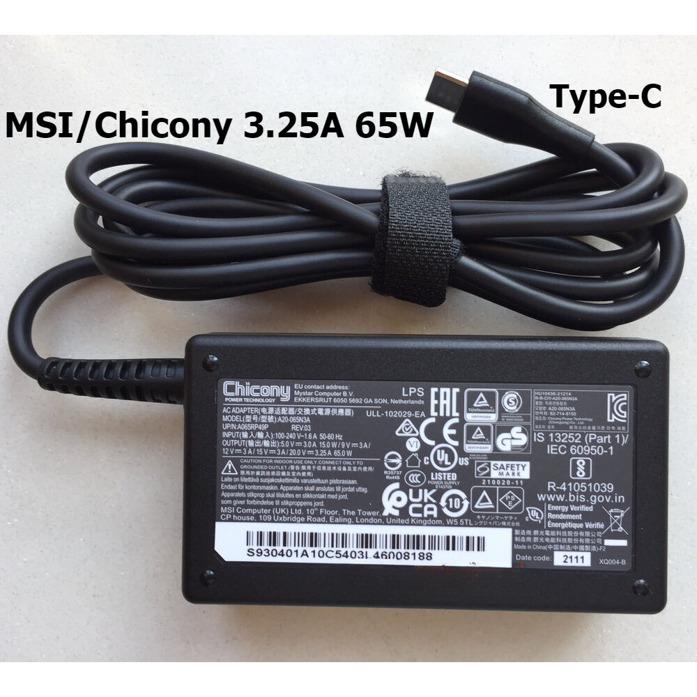 Chicony 20V 3.25A 65W Type-C USB-C ที่ชาร์จสําหรับ Acer Swift Go/MSI Summit E13 Prestige 15 อะแด ...
