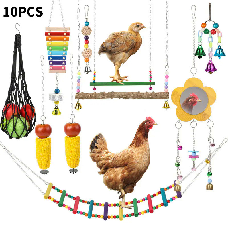 10PCS Chicken Toys, Chain Set, Mirror, Bell Toy, Fruit Feeding, Chicken ...