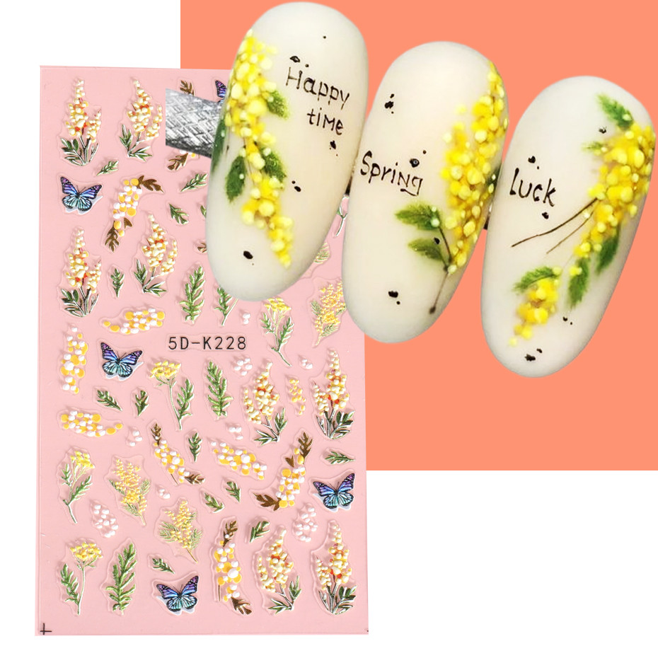 สีเหลือง Mimosa 5D เล็บสติกเกอร์นูนดอกไม้เล็บ Decals Decor อะคริลิคกาว ...