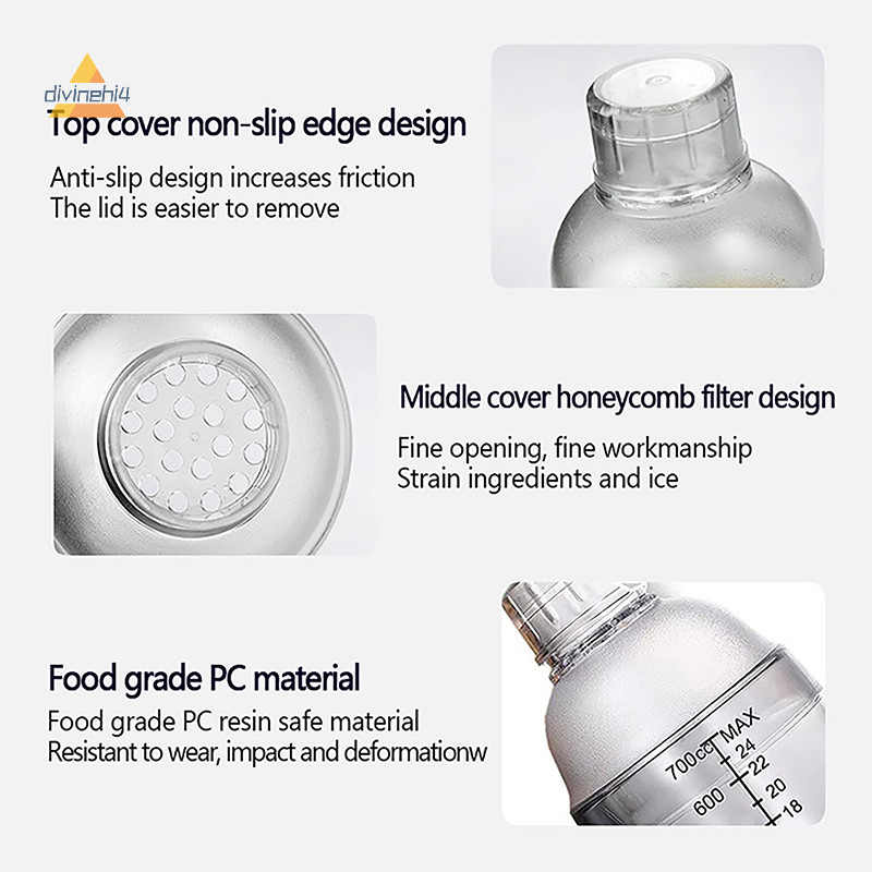 Godhi4 พลาสติกค็อกเทล Shaker Hand Shaker ถ้วยเครื่องชั่งน้ําหนัก 350ml/530ml/700ml/1000ml นมชา ...