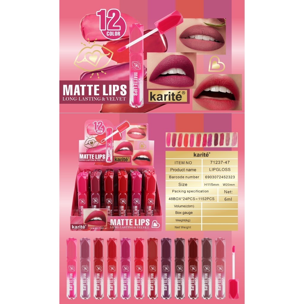 ลิปKarité Lip Matte ลิปแมท มีให้เลือก 12 สี เม็ดสีแน่น ติดทน ไม่ทำให้ ...