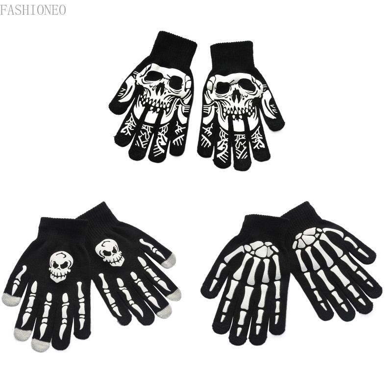 FAS Gothic ถักถุงมือถุงมือสีดําอบอุ่นฮาโลวีน Luminous Skull ถุงมือโครง ...