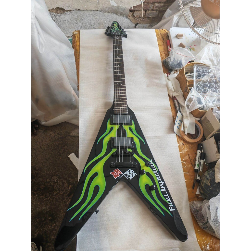 1997 ESP JH-1 James Hetfield Flying V กีตาร์ไฟฟ้าเปลวไฟสีเขียว V กีตาร์ ...