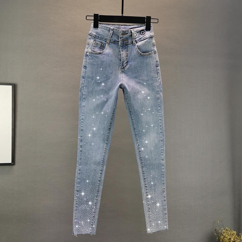 Rhinestone Skinny JEANS ผู้หญิงสไตล์เกาหลีเอวสูงยืดหยุ่นสลิมฟิตสลิมมิ่ง ...