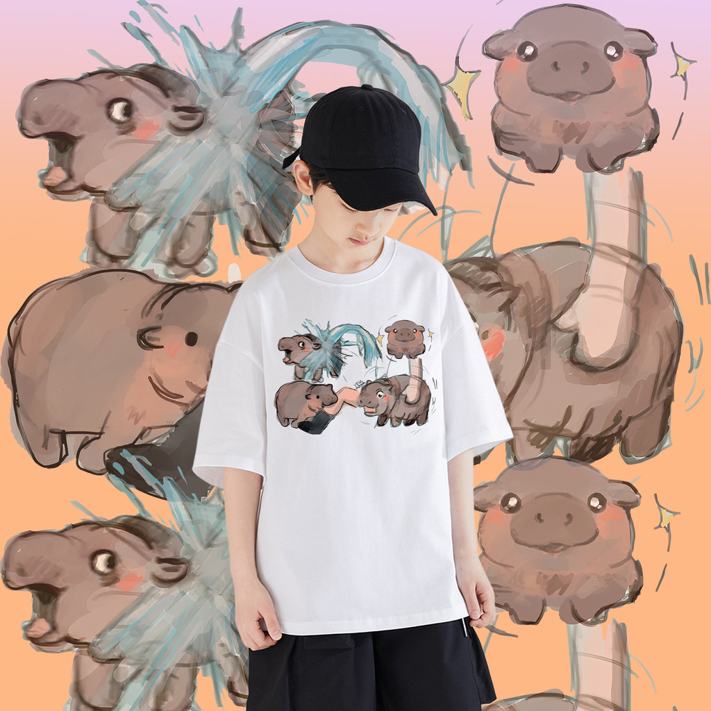 Moodeng hippo เสื้อยืดเด็กแขนสั้นสไตล์สตรีท วัสดุดีไม่หดเสื้อยืด ผ้า ...