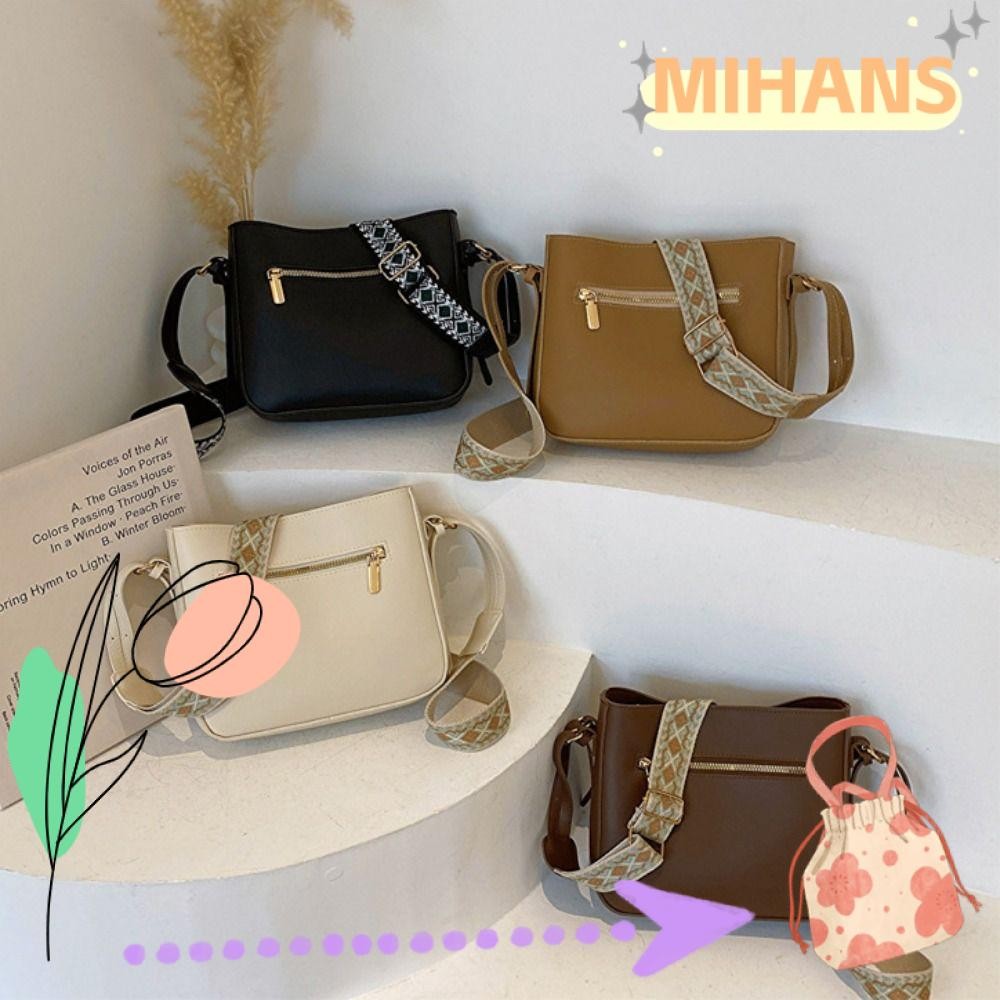 Mih กระเป๋าสะพายข้าง, PU หนังสีดําสีขาวไหล่กระเป๋าเป้สะพายหลัง, Casual Vintage Bucket Bag กีฬา ...