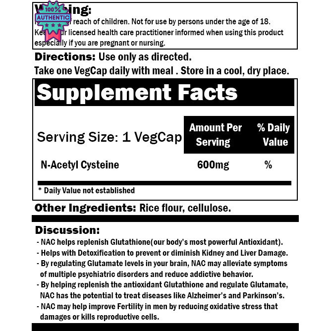 NAC N-acetylcysteine 600mg - 60 veg cap- cysteine -antioxidant -anti ...