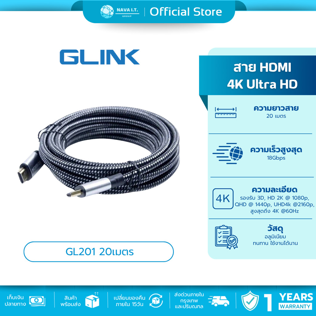 (มีส่งด่วน) GLINK GL-201 GL201 CABLE สายHDMI 4K (V.2.0) M/M ขนาด 20 ...