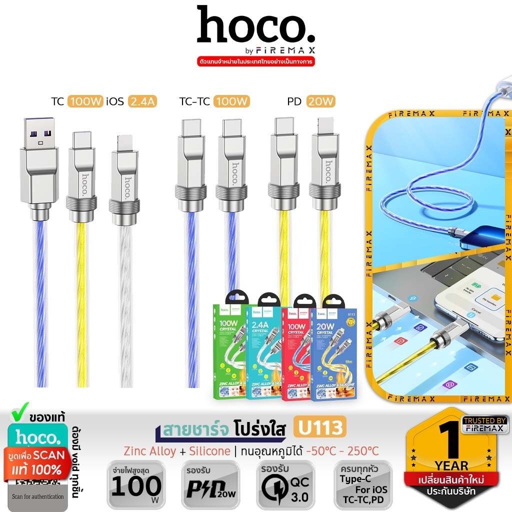 [รุ่นใหม่! พิเศษ] HOCO U113 สายชาร์จ ดีไซน์โปร่งใส ทนทานพิเศษ ชาร์จเร็ว 100W TC to TC, PD, iOS ...