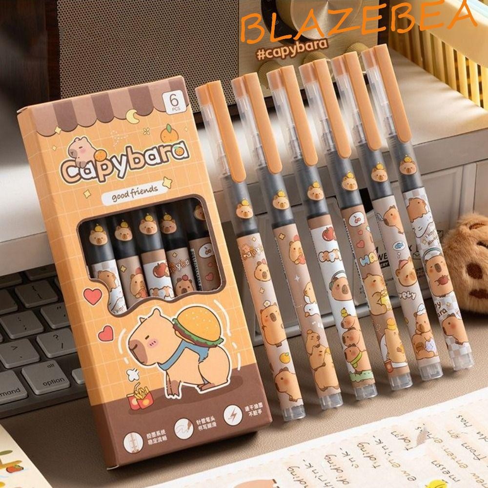Blazebea 6PCS ปากกาลูกลื่นเหลวตรง,กล่องความงาม Capybara ปากกาเจล, Kawaii ลายเซ็นหมึกสีดําดูดี 0. ...