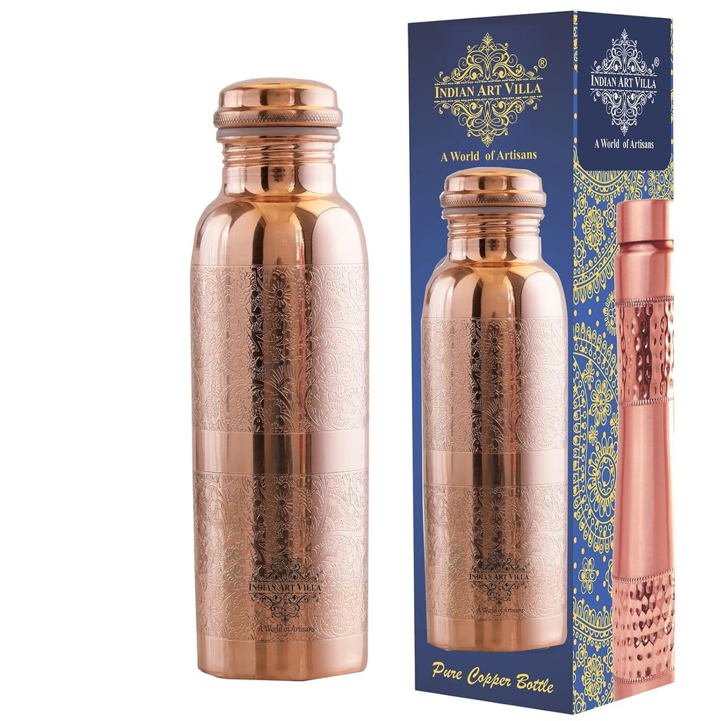 Indian Art Villa Pure Copper Water Bottle Floral Vines Embossed Design ...