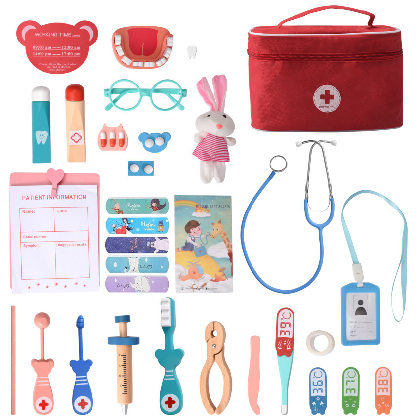 Doctor Box Kids Wooden Playset - มาพร้อมหูฟังจริงและกระเป๋าหมอแดง ของ ...