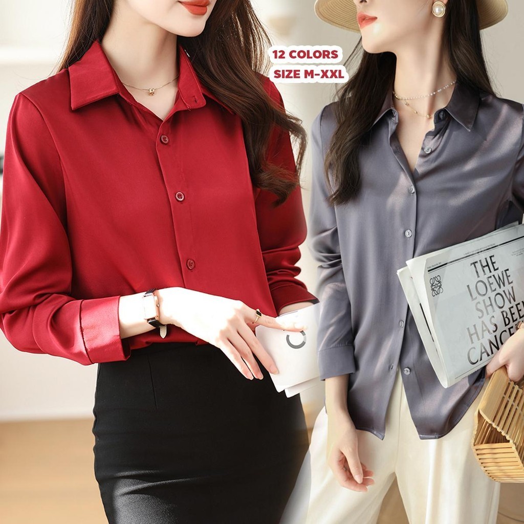 mimi&didi#เสื้อเบลาส์สำหรับผู้หญิง เสื้อเชิ้ตแขนยาวแฟชั่น สไตล์เกาหลี อคลุมผ้าซาติน แขนยาว คอปก ...