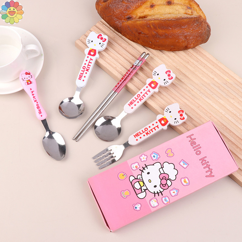 Gogo Kawaii Hello Kitty Chops ช้อนส้อม Sanrio KT แมวสแตนเลสชุดอาหารเย็น ...