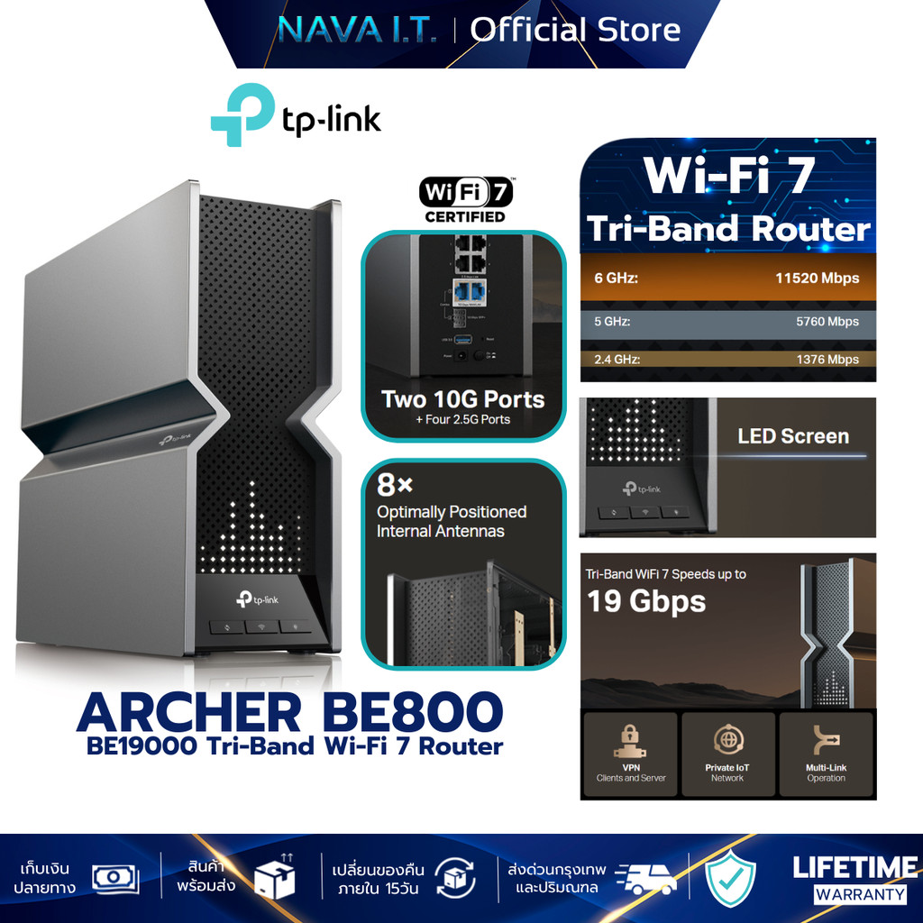 TP-LINK ARCHER BE800 Wi-Fi 7 BE19000 Tri-Band Router สินค้ารับประกัน ...
