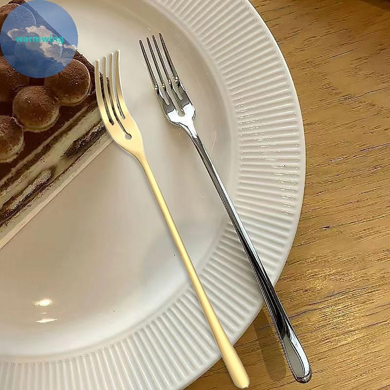 Warmwing ส้อมขนมสแตนเลสตารางส้อมผลไม้ด้ามยาวสี่ทีนเกาหลีส้อมอาหารค่ําเงิน/ทองสลัดผลไม้ขนมขบ ...