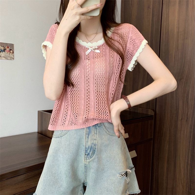 S ️Silas Shop ️ แขนสั้นถักฤดูร้อนน้ำแข็งผ้าไหมลูกไม้บวกขนาดเกาหลีผู้หญิงเสื้อยืดหลวม ๆ ด้านบน ...