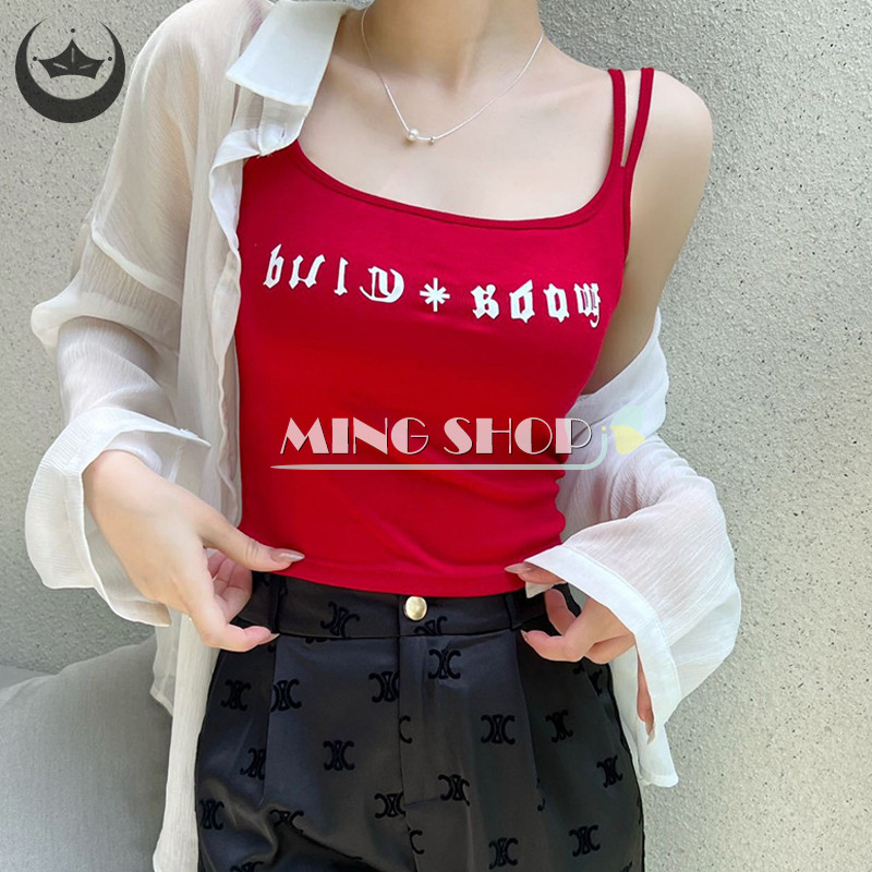 Ming แฟชั่นผู้หญิงพิมพ์ตัวอักษรสายรัดไหล่คู่แขนกุด Slim Camisole พร้อมแผ่นหน้าอก TH | Shopee ...
