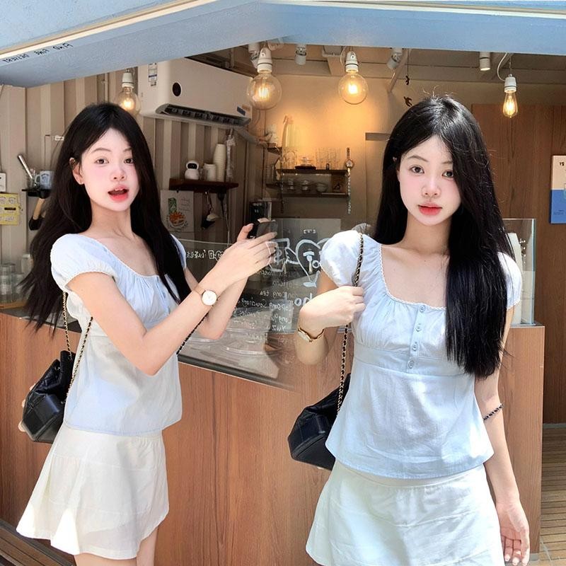 KOKO#เสื้อยืดแขนสั้นผู้หญิงแฟชั่นฤดูร้อน เสื้อเชิ้ตตุ๊กตาคอเหลี่ยมอารมณ์อ่อนโยนสไตล์ใหม่สำหรับ ...