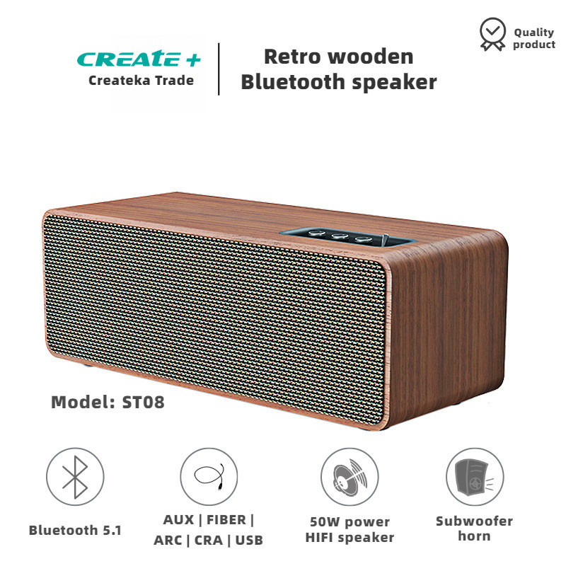ลำโพงบลูทูธ เบสหนักๆ ย้อนยุค วัสดุไม้เนื้อแข็ง ST08, สเตอริโอ 2.0 ลำโพงระดับ HIFI 50W, fiber/RCA ...