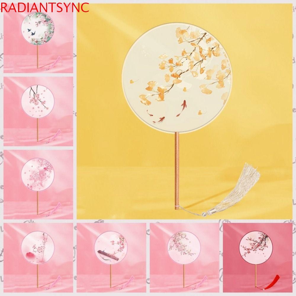RADIANTSYNC พัดลมมือกลม, ด้ามยาวสไตล์จีนเต้นรําพัดลมผ้าไหม, พัดลมตกแต่งพร้อมพู่หมึกโบราณภาพวาด ...