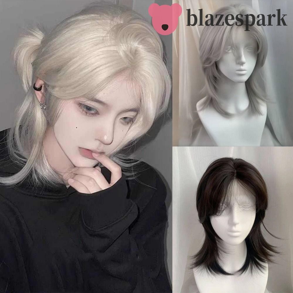 BLAZESPARK Mullet หัววิกผม Bangs, Fluffy หน้าผากลูกไม้วิกผมสังเคราะห์,เต็มหัวสั้นตรงสีขาวทอง ...