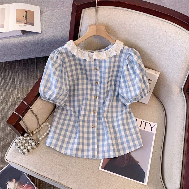 Cuites 99129 เสื้อลายสก็อตแขนสั้น เสื้อเชิ้ตแขนสั้นผู้หญิงน่ารักๆ แขน ...