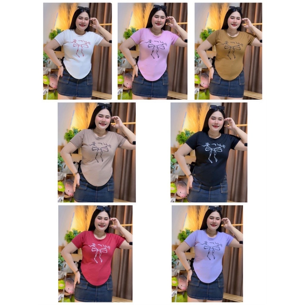 MK69 เสื้อยืดสาวอวบ คอกลม แขนสั้น ชายเสื้อเหลี่ยม ลายกรีนลายโบว์ อก 36 ...