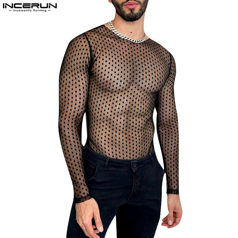 Incerun เสื้อยืดแขนยาวลายจุดลําลองสําหรับบุรุษวินเทจ | Shopee Thailand