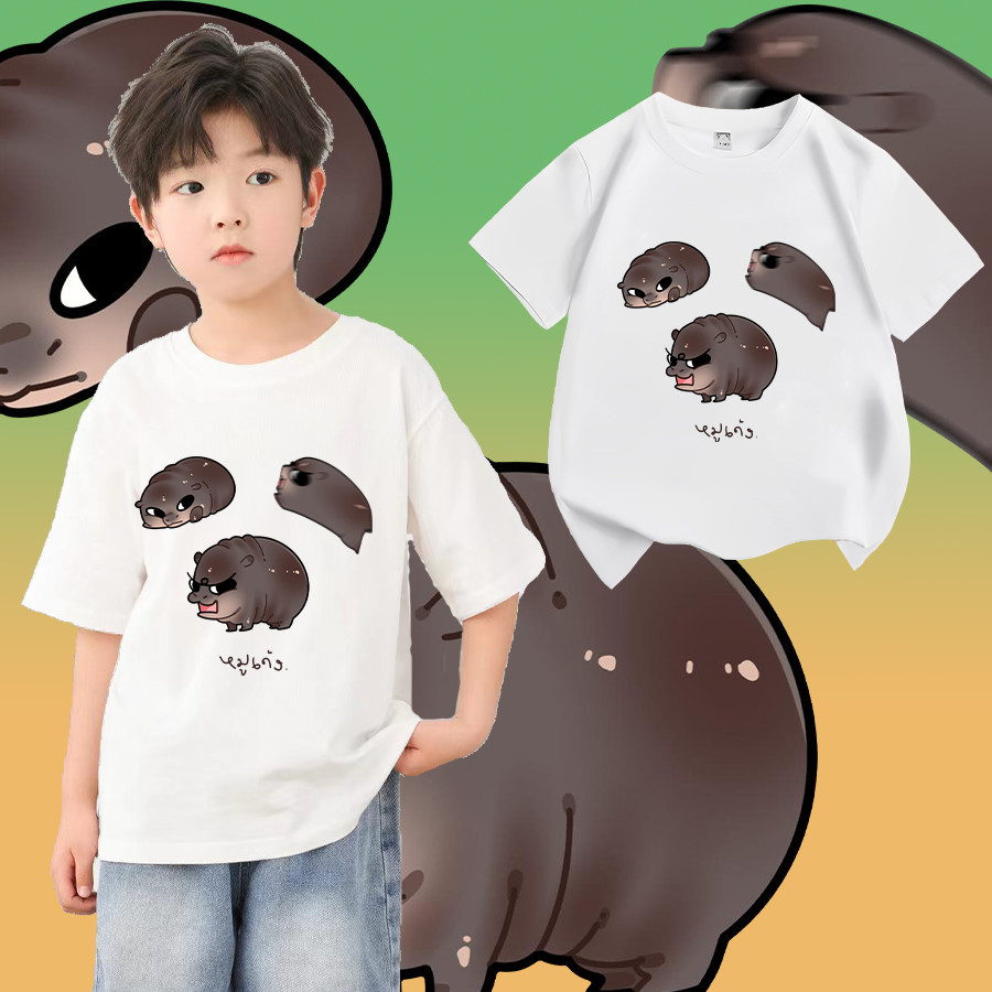 ใหม่ เสื้อยืด Moodeng hippo Children's T-shirt Thailand ขาหมู แอนด์เดอะแก๊ง ผ้า Cotton 100% ...