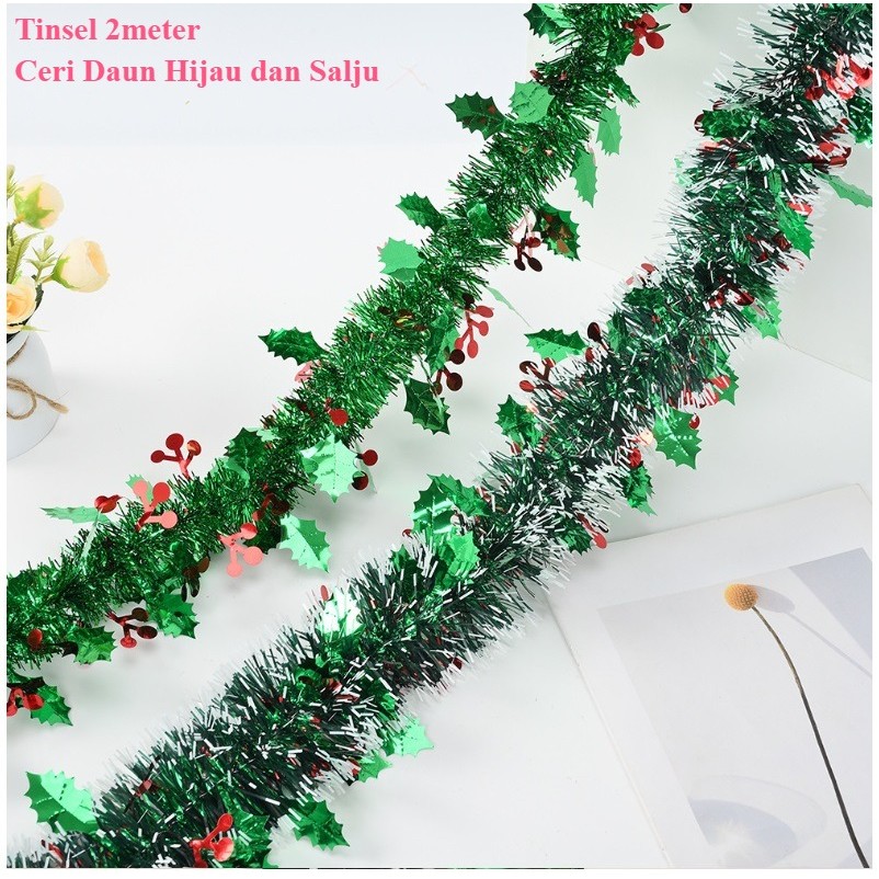 Hijau (2 เมตร x 9 ซม.) Tinsel Slinger Snow Green Cherry พู่ gaba gaba ...
