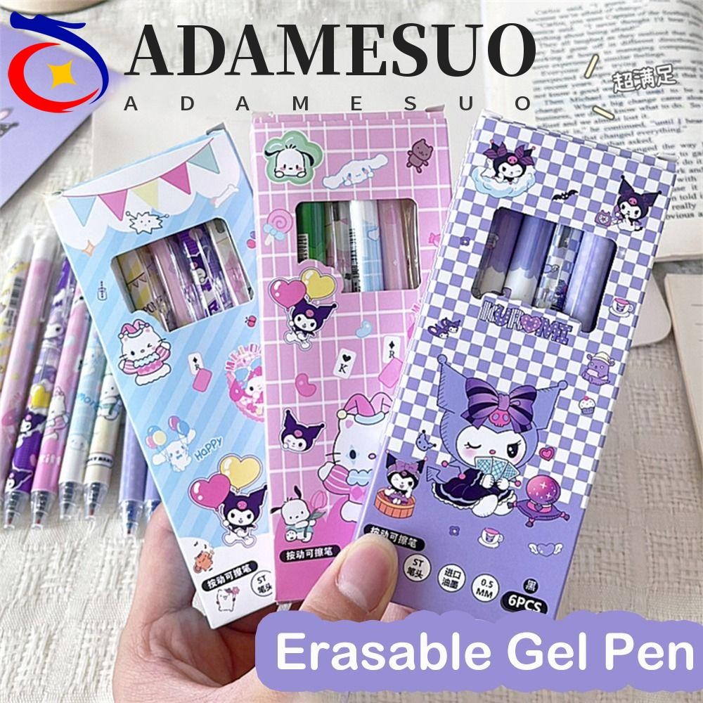 ADAMESUO 6 ชิ้นปากกายางลบความร้อน, Kuromi Melody Blue Ink Erasable Gel ปากกา, การ์ตูนความงาม INS ...
