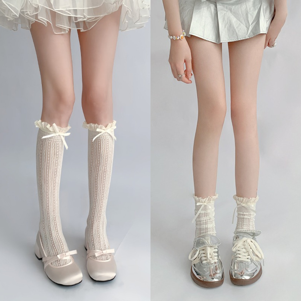 สไตล์ญี่ปุ่นสาวหวานถุงเท้ายาวถุงน่อง JK Lolita Bowknot Ruffles เข่าถุงเท้าผู้หญิง Hollow Out ตา ...