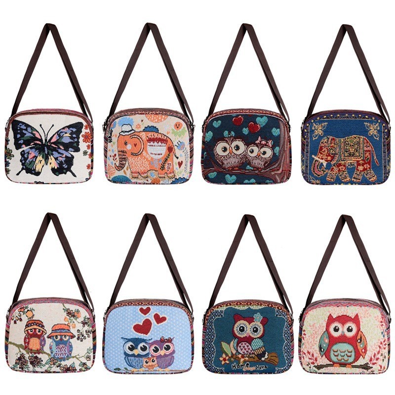 กระเป๋าถือ กระเป๋าสตางค์ สะพายข้าง ปักลายช้าง นกฮูก ผีเสื้อ ดอกไม้ สไตล์เรโทร สําหรับผู้หญิง ...