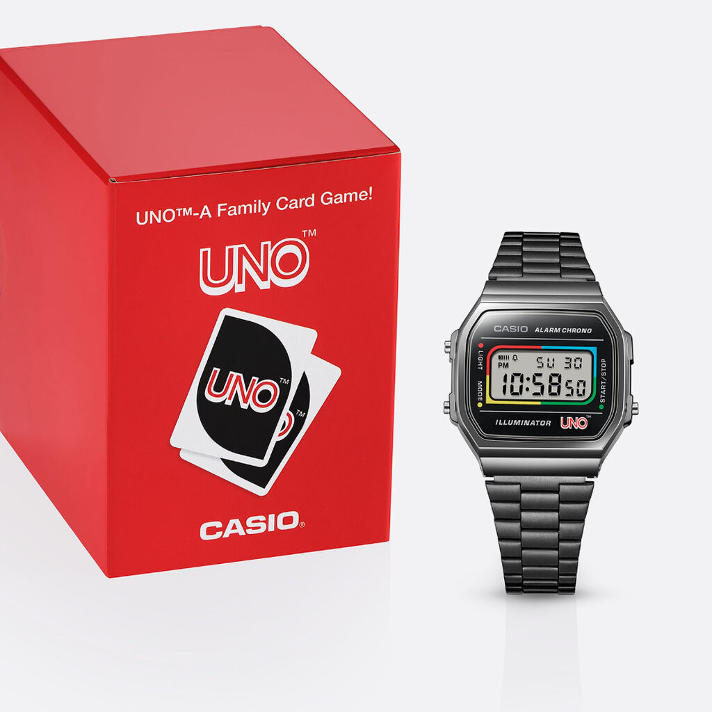 Casio Standard นาฬิกาข้อมือผู้ชาย สายสแตนเลส รุ่น A168WEUC-1A CASIO VINTAGE x UNO™ Collaboration ...