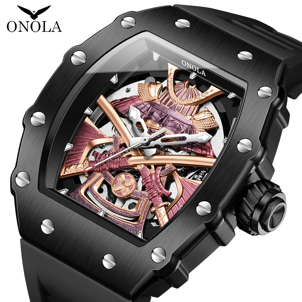 ONOLA ส่วนบุคคลแฟชั่นชุดนักรบสีดำมือแกะสลักอัตโนมัติกลวงนาฬิกาสำหรับ ...