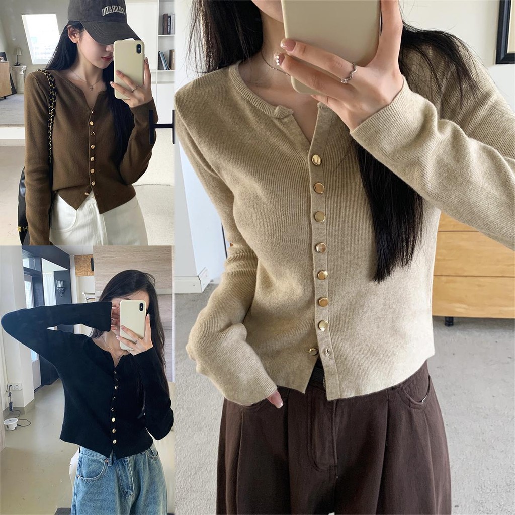 Chili Koko เสื้อคลุมคาร์ดิแกนถักทรงเข้ารูปสไตล์เกาหลี เสื้อเชิ้ตถักแขน ...