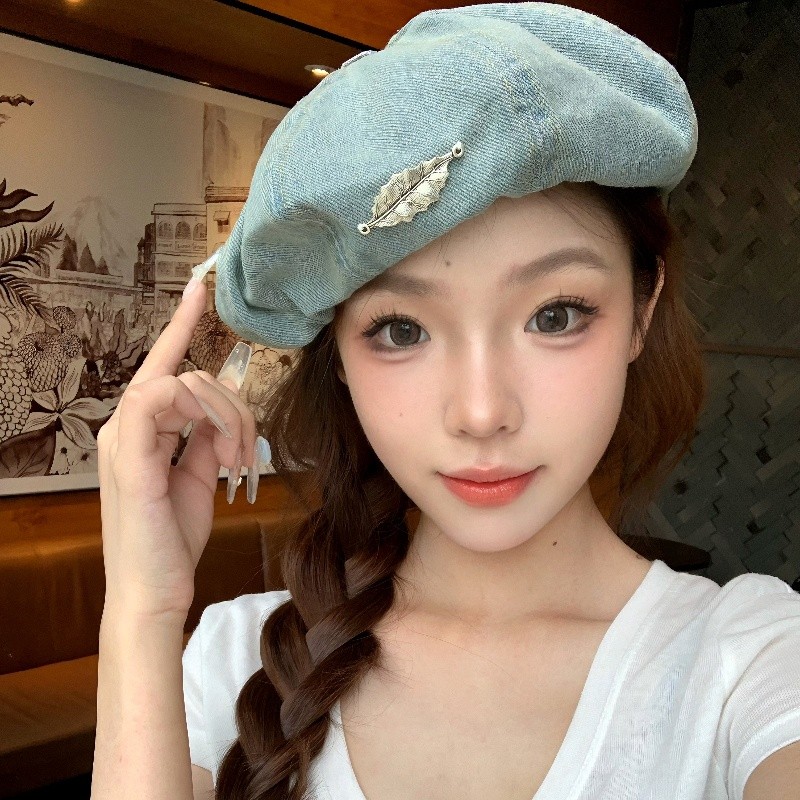 Preppy สไตล์ล้าง Denim Beret ใบ Nostalgic Retro หญิงขนาดเล็ก Face-ดู ...