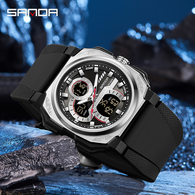Sanda Square Dial แกะสลักรูปแบบบุคลิกภาพ Cool กีฬากันน้ําดิจิตอลนาฬิกา ...