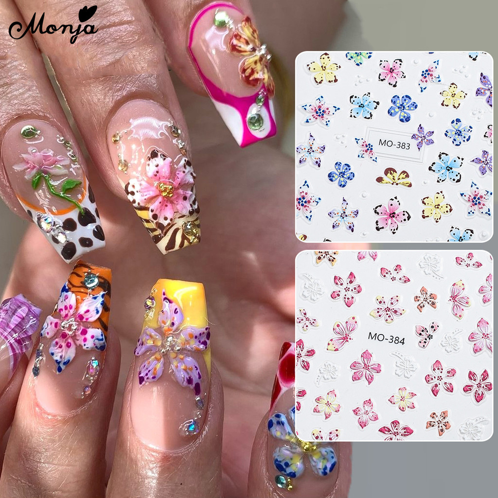 Monja 5D สติ๊กเกอร์ติดเล็บนูน ชบา ดอกไม้เล็บ Decals ดอกไม้ติดด้วยตนเอง ...