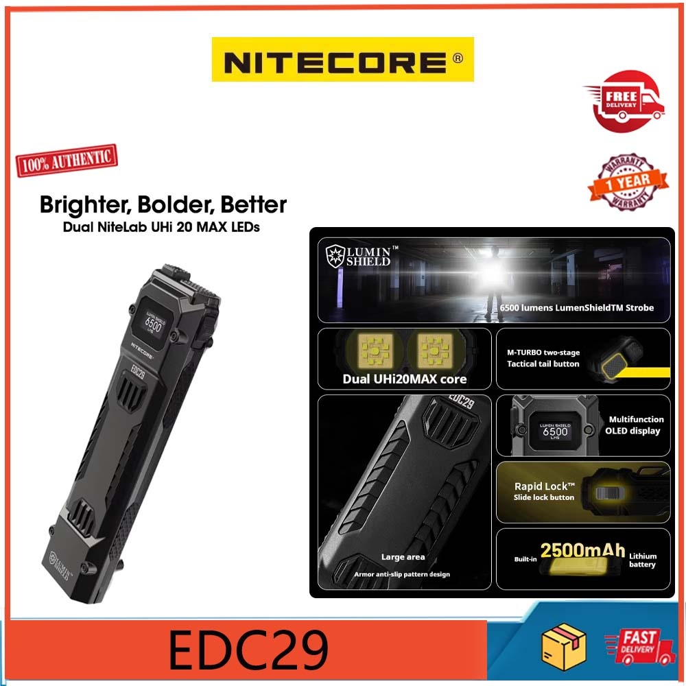 Nitecore EDC29 ไฟยุทธวิธีแฟลช EDC บางเฉียบ, 6500 ลูเมน, ชาร์จ USB-C ...