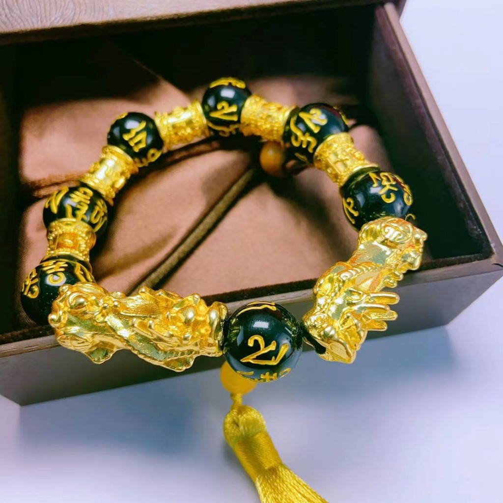 สร้อยข้อมือ Lucky Obsidian Gold-Plated Pixiu สไตล์ยุคกลาง มีลูกปัดพิมพ์ ...