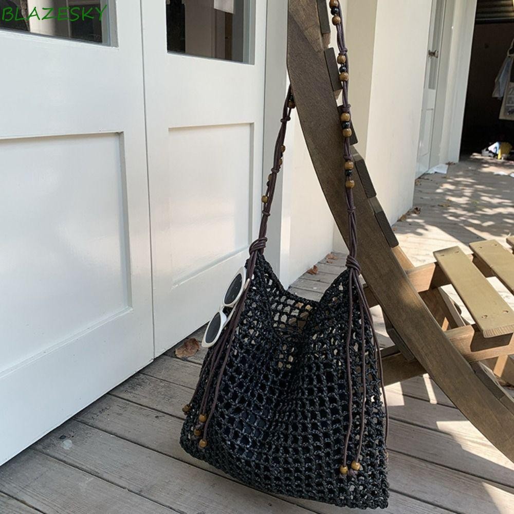 BLAZESKY Lafite Straw Bag มัดด้วยมือ กระเป๋าถือสะพายข้างแบบเปิดปุ่มไม้ ...