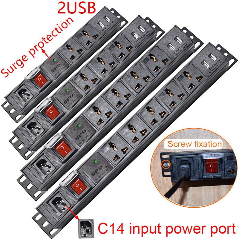 C14 อินเทอร์เฟซ PDU Power Strip หน่วยกระจาย 2-12Ways Universal socket 2USB พอร์ตชาร์จ Surge ...